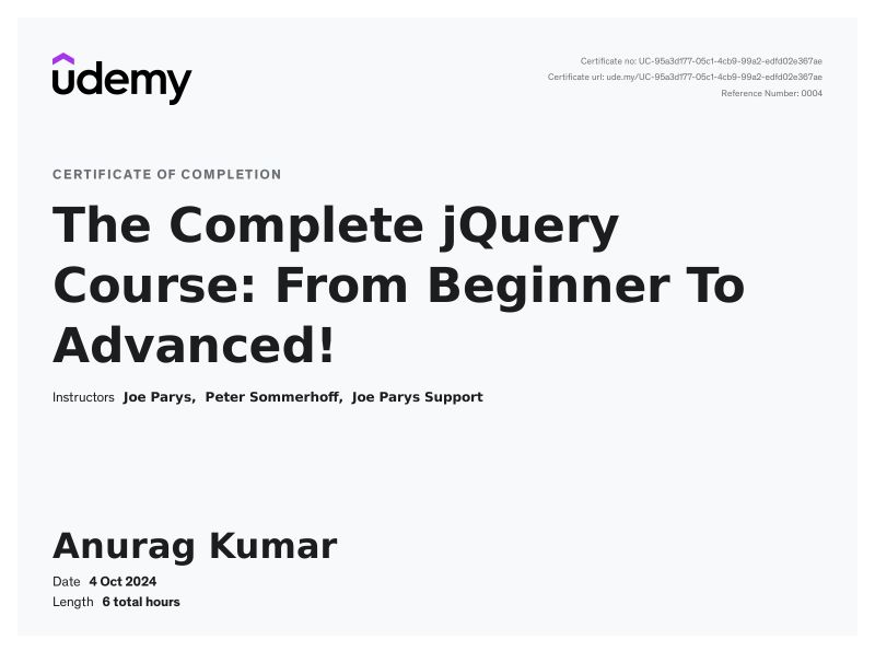 Anurag kumar on LinkedIn: #jquery #udemy #webdevelopment #certification Anurag kumar on LinkedIn: #jquery #udemy #webdevelopment #certification