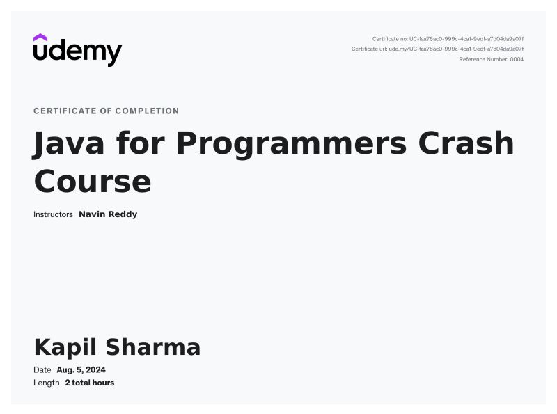 Completed Java for Programmers course by Navin Reddy Sir | Kapil S ... Completed Java for Programmers course by Navin Reddy Sir | Kapil S ...