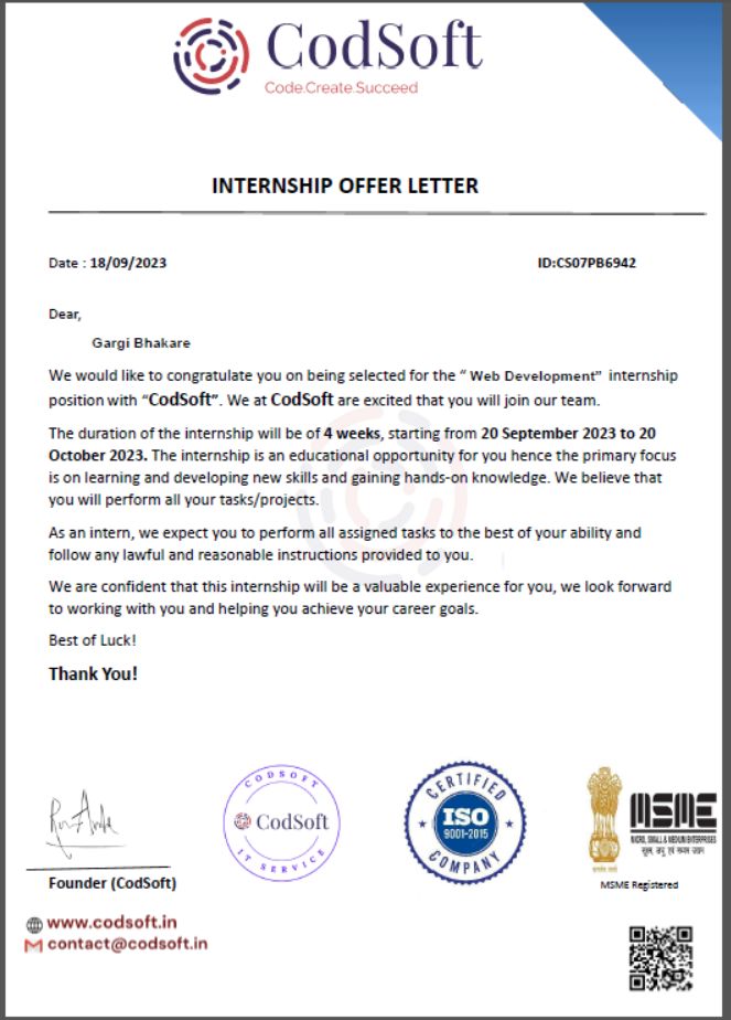 Gargi Bhakare on LinkedIn: #codsoft #webdevelopment #internship #intern Gargi Bhakare on LinkedIn: #codsoft #webdevelopment #internship #intern