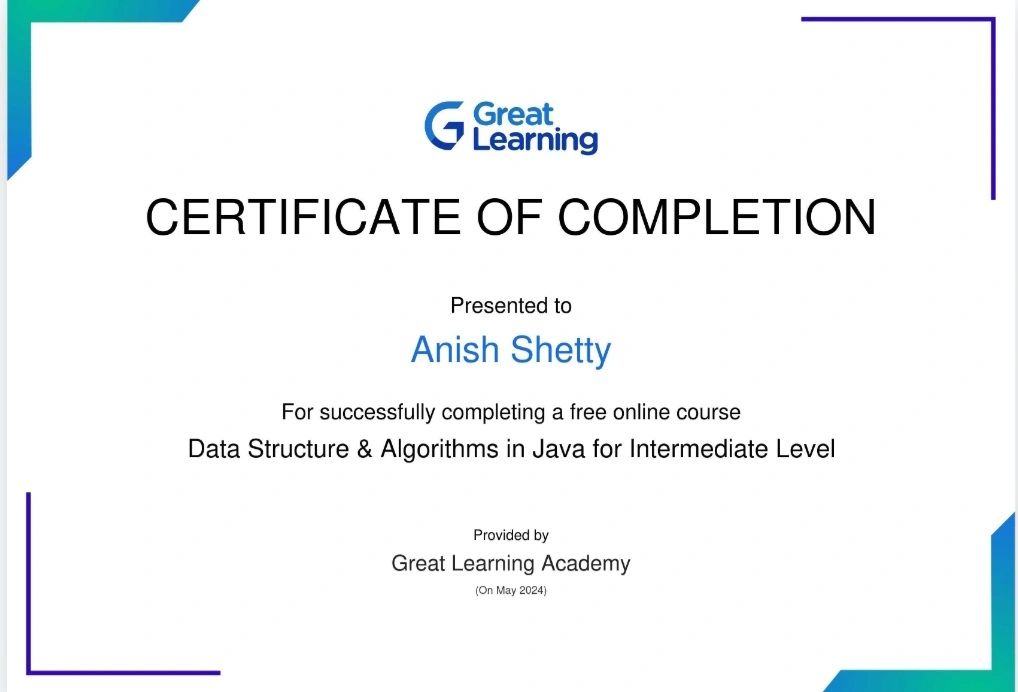 Completed Data Structure & Algorithms course by Great Learning | Anish ... Completed Data Structure & Algorithms course by Great Learning | Anish ...