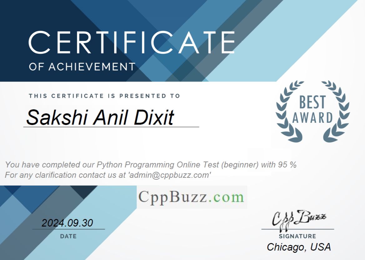 Sakshi Dixit on LinkedIn: #python #certification Sakshi Dixit on LinkedIn: #python #certification