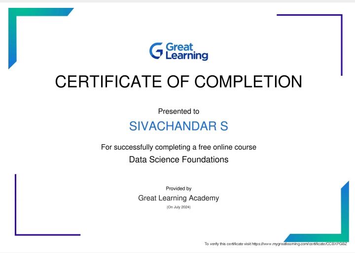 Completed Data Science Foundation course | SIVACHANDAR S posted on the ... Completed Data Science Foundation course | SIVACHANDAR S posted on the ...
