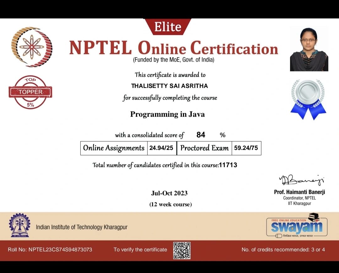 Sai Asritha Thalisetty on LinkedIn: #javaprogramming #nptel #iitkharagpur Sai Asritha Thalisetty on LinkedIn: #javaprogramming #nptel #iitkharagpur