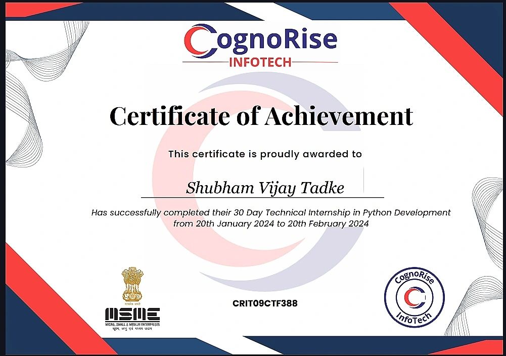 Shubham Tadke on LinkedIn: #python #cognoriseinfotech #internshipcompletion Shubham Tadke on LinkedIn: #python #cognoriseinfotech #internshipcompletion