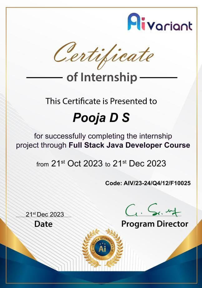 Pooja D S on LinkedIn: #fullstackdevelopment #internshipcomplete # ... Pooja D S on LinkedIn: #fullstackdevelopment #internshipcomplete # ...