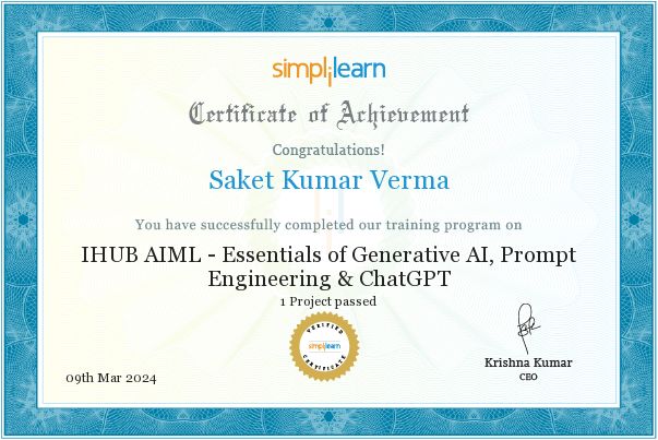 Saket Verma on LinkedIn: Generative AI and Machine Learning Certificate ... Saket Verma on LinkedIn: Generative AI and Machine Learning Certificate ...