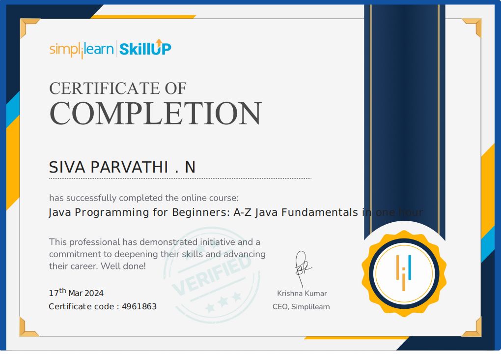Completed Java Programming for Beginners course on Simplilearn | Siva ... Completed Java Programming for Beginners course on Simplilearn | Siva ...