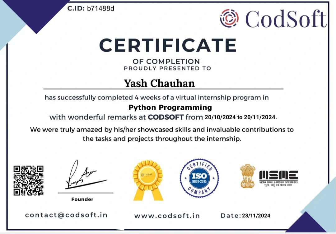 Yash Chauhan on LinkedIn: Internship certificate from CODSOFT Yash Chauhan on LinkedIn: Internship certificate from CODSOFT
