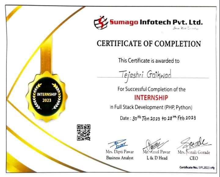 Tejashree Gaikwad on LinkedIn: #webdevelopment #internship #python #php ... Tejashree Gaikwad on LinkedIn: #webdevelopment #internship #python #php ...