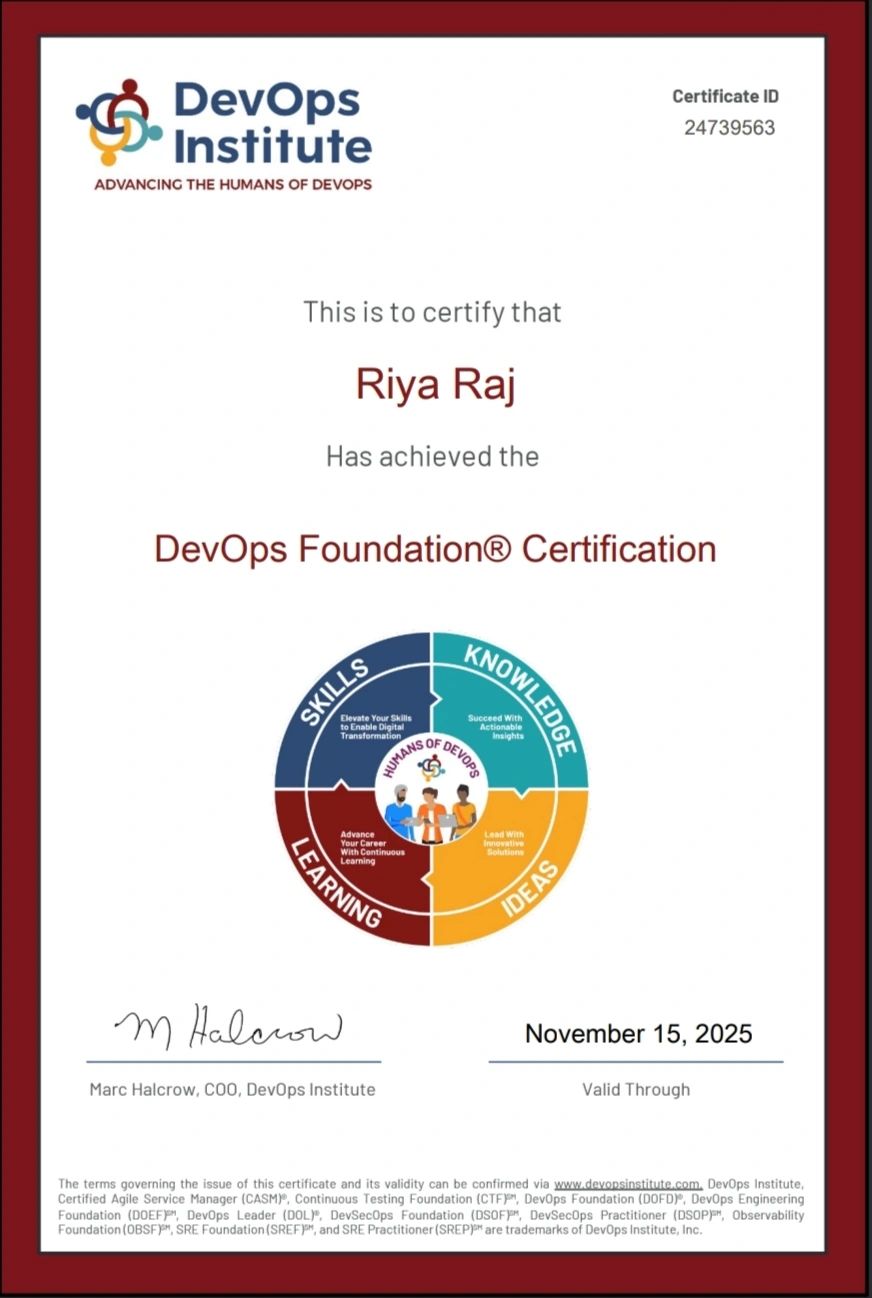 Riya Raj on LinkedIn: #devops #certificationcomplete #gratitude Riya Raj on LinkedIn: #devops #certificationcomplete #gratitude
