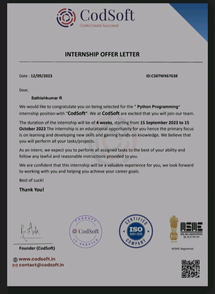 Sathish Kumar R on LinkedIn: #internship #python Sathish Kumar R on LinkedIn: #internship #python