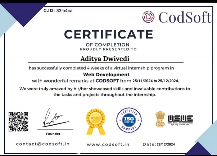 Aditya Dwivedi on LinkedIn: #codsoft #webdevelopment #certification # ... Aditya Dwivedi on LinkedIn: #codsoft #webdevelopment #certification # ...