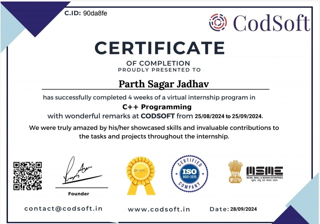 Parth Jadhav on LinkedIn: #internship #cplusplus #codsoft #programming ... Parth Jadhav on LinkedIn: #internship #cplusplus #codsoft #programming ...