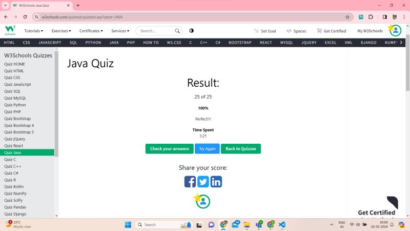 Passed 25 Java Quiz on W3Schools | Anushka Singh posted on the topic ... Passed 25 Java Quiz on W3Schools | Anushka Singh posted on the topic ...