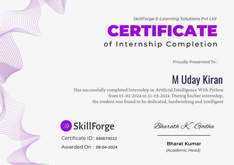 Internship Completed through SkillForge | M UDAY KIRAN Internship Completed through SkillForge | M UDAY KIRAN