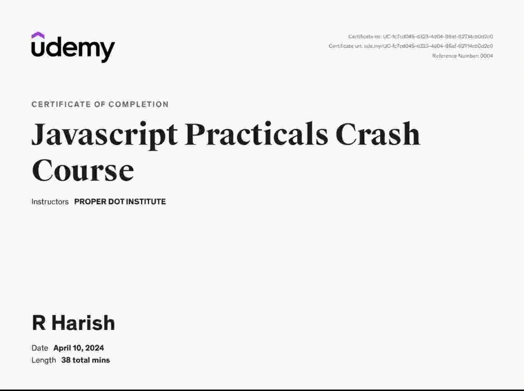 Completed JavaScript course on Udemy | Harish R posted on the topic ... Completed JavaScript course on Udemy | Harish R posted on the topic ...