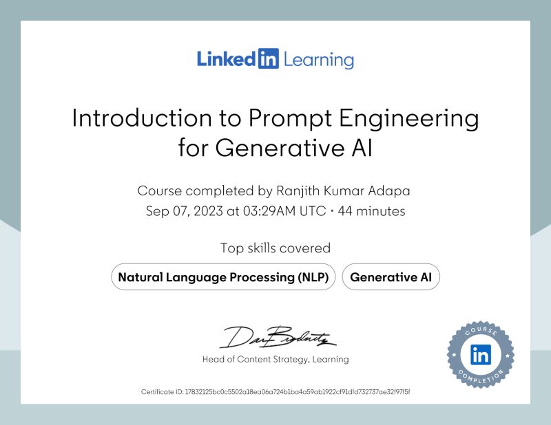Ranjith Kumar Adapa on LinkedIn: Certificate of Completion Ranjith Kumar Adapa on LinkedIn: Certificate of Completion