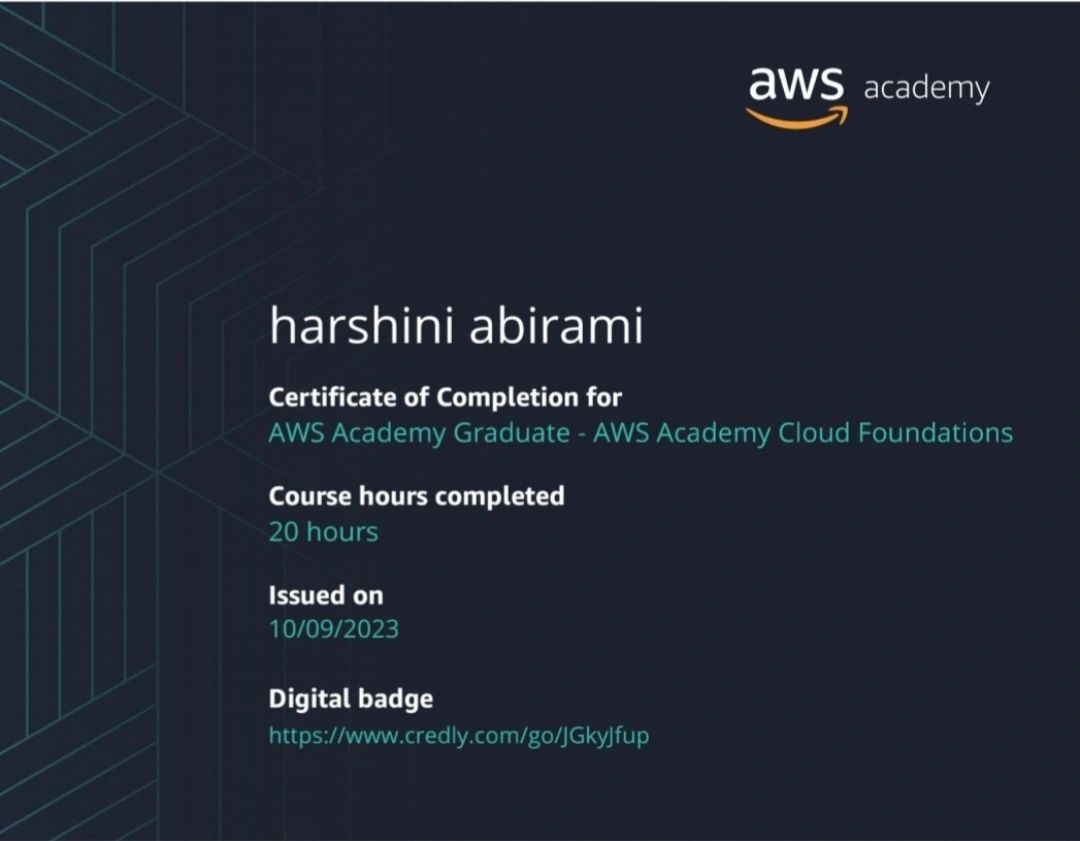 harshini abirami on LinkedIn: I've finished my coursework at AWS Academy. harshini abirami on LinkedIn: I've finished my coursework at AWS Academy.