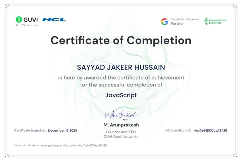 SAYYAD JAKEER HUSSAIN on LinkedIn: I recently earned a JavaScript ... SAYYAD JAKEER HUSSAIN on LinkedIn: I recently earned a JavaScript ...