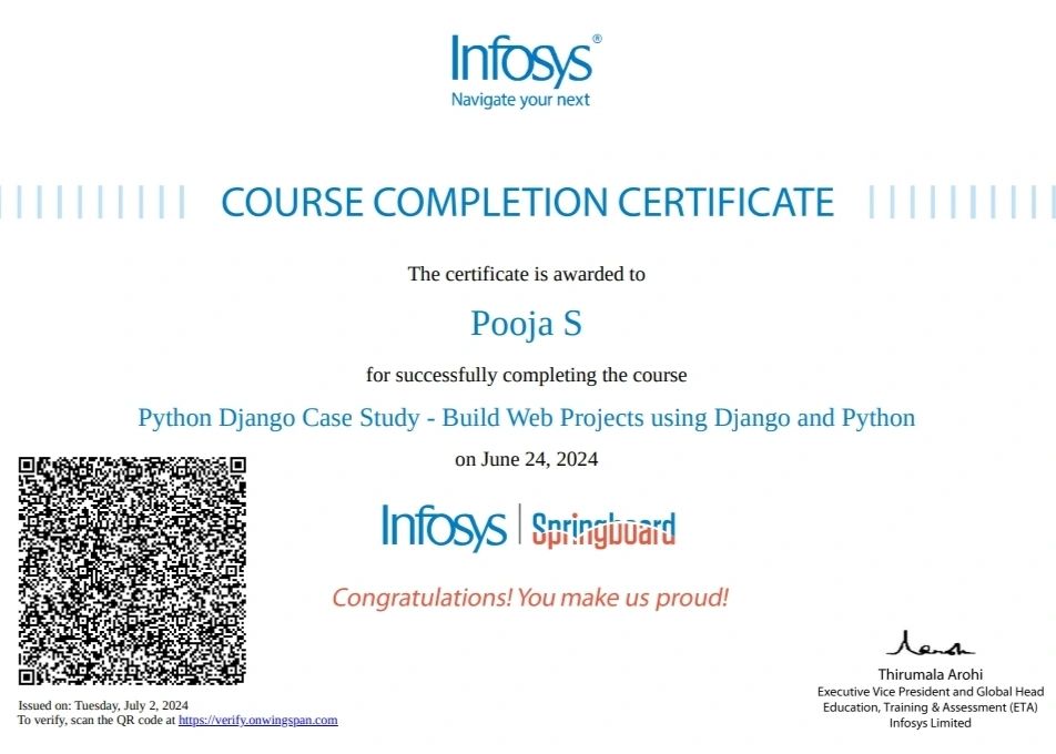Pooja Gowda on LinkedIn: #infosysspringboard #python #django # ... Pooja Gowda on LinkedIn: #infosysspringboard #python #django # ...