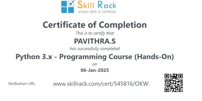 pavithra saravanan on LinkedIn: Completed Python 3.x Programming Course ... pavithra saravanan on LinkedIn: Completed Python 3.x Programming Course ...