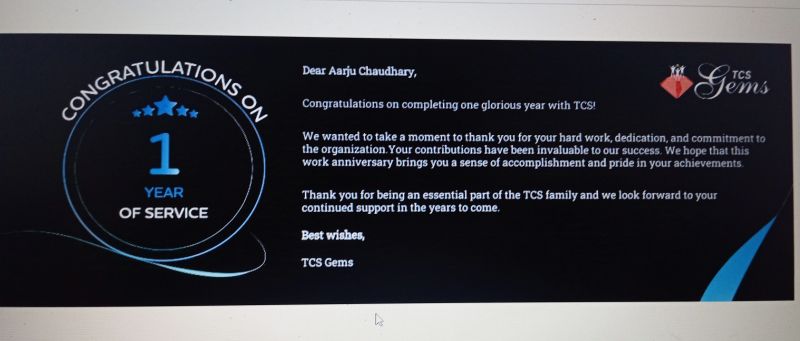 Aarju Choudhary on LinkedIn: #tcs #oneyear #anniversary #careermilestone Aarju Choudhary on LinkedIn: #tcs #oneyear #anniversary #careermilestone