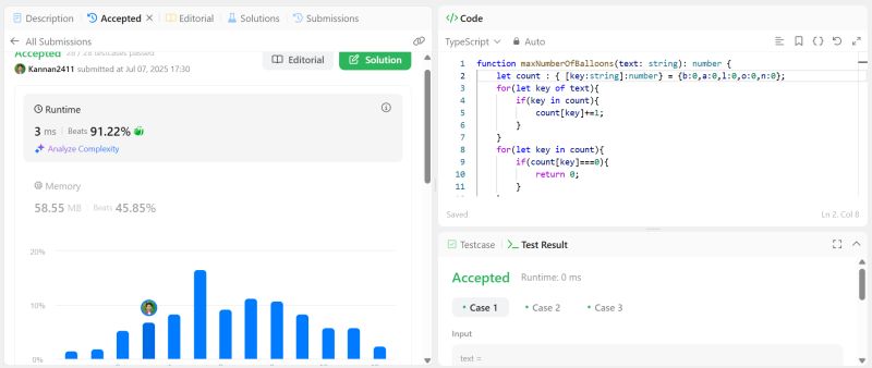 LeetCode Accepted – Maximum Number of Balloons (TypeScript) | Kannan Durvas LeetCode Accepted – Maximum Number of Balloons (TypeScript) | Kannan Durvas