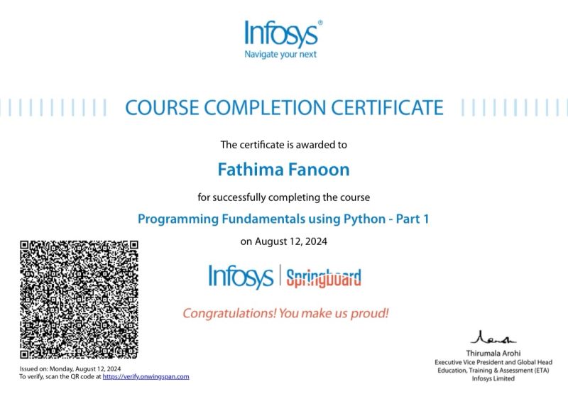 Fathima Fanoon on LinkedIn: #infosysspringboard #pythonprogramming # ... Fathima Fanoon on LinkedIn: #infosysspringboard #pythonprogramming # ...