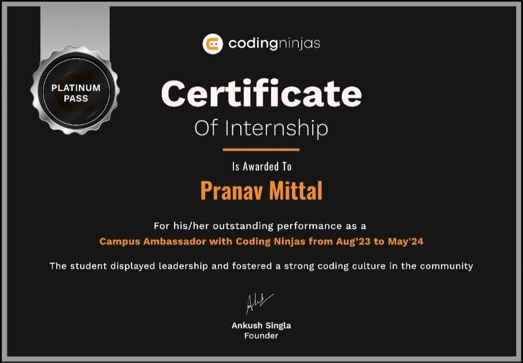 #codingninjas #platinumcertificate #codingcommunity | Pranav Mittal #codingninjas #platinumcertificate #codingcommunity | Pranav Mittal