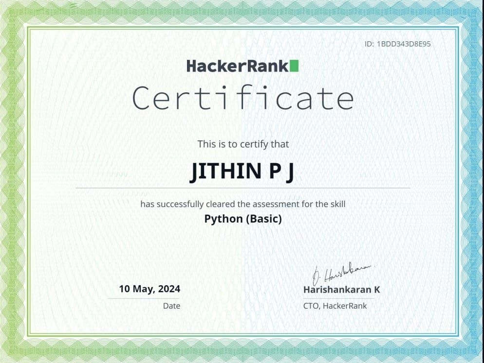 Earned HackerRank Python Basics | Jithin P J posted on the topic | LinkedIn Earned HackerRank Python Basics | Jithin P J posted on the topic | LinkedIn