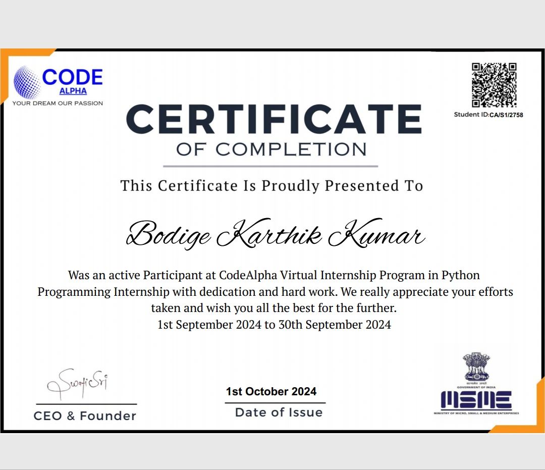 Karthik bodige on LinkedIn: #codealpha #internship # ... Karthik bodige on LinkedIn: #codealpha #internship # ...