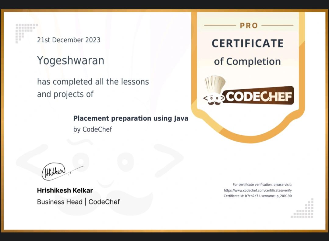 Yogesh waran on LinkedIn: #java #codechef #certificationcomplete # ... Yogesh waran on LinkedIn: #java #codechef #certificationcomplete # ...