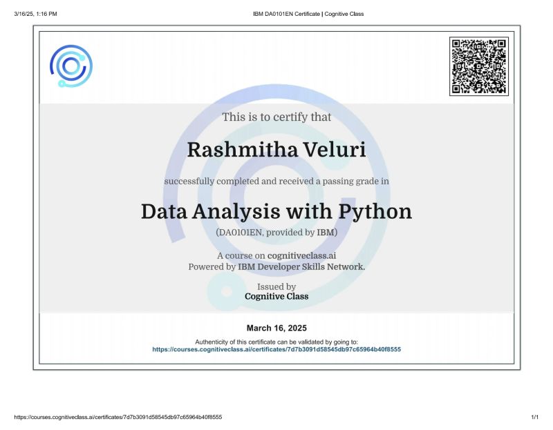 #dataanalysis #python #ibm #cognitiveclass #learning | Rashmitha Veluri #dataanalysis #python #ibm #cognitiveclass #learning | Rashmitha Veluri