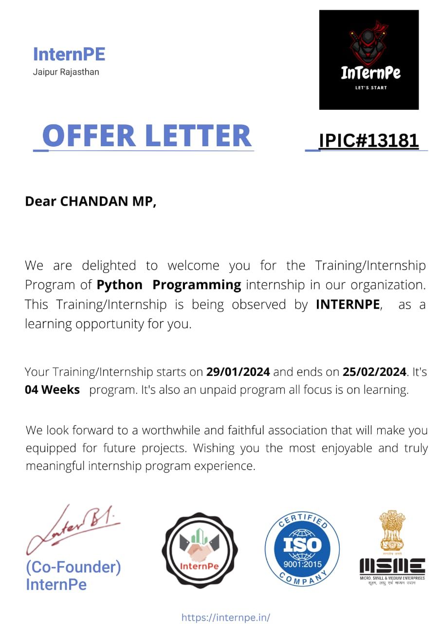 Chandan M.P on LinkedIn: #internpeinternship #pythonprogramming Chandan M.P on LinkedIn: #internpeinternship #pythonprogramming