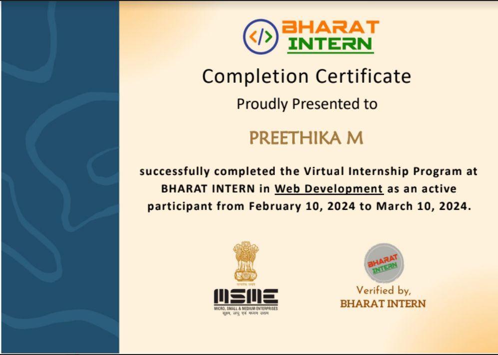 Preethika M on LinkedIn: #webdevelopment #internship #bharatintern Preethika M on LinkedIn: #webdevelopment #internship #bharatintern