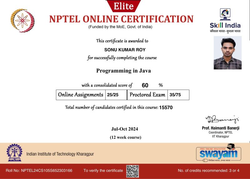 Sonu Kumar Roy on LinkedIn: #javaprogramming #nptel #certification # ... Sonu Kumar Roy on LinkedIn: #javaprogramming #nptel #certification # ...