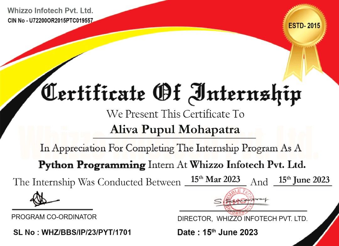 Aliva Pupul Mohapatra on LinkedIn: #pythonprogramming #internshipexperience Aliva Pupul Mohapatra on LinkedIn: #pythonprogramming #internshipexperience