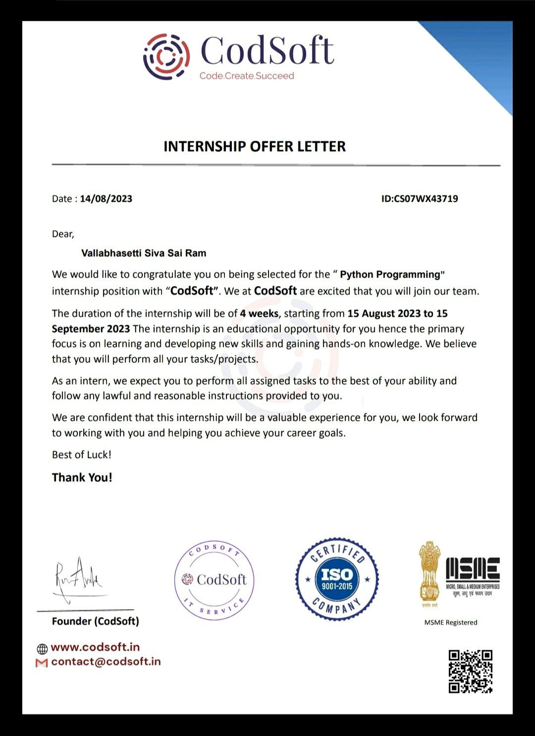 Vallabhasetti Siva Sai Ram on LinkedIn: #codsoft #codsoft #intern # ... Vallabhasetti Siva Sai Ram on LinkedIn: #codsoft #codsoft #intern # ...