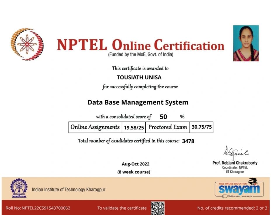 Excited to share that I've earned my NPTEL certificate in Database ... Excited to share that I've earned my NPTEL certificate in Database ...