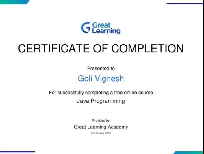 Completed Java Programming course with Great Learning | Goli Vignesh ... Completed Java Programming course with Great Learning | Goli Vignesh ...