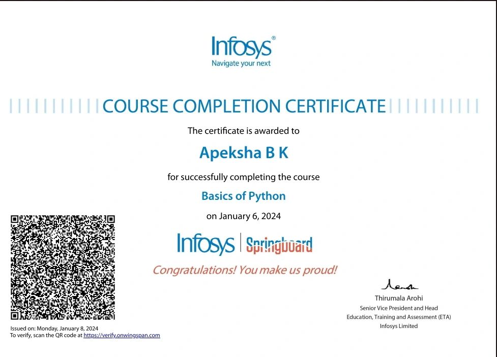 Apeksha B K on LinkedIn: #python #infosysspringboard Apeksha B K on LinkedIn: #python #infosysspringboard