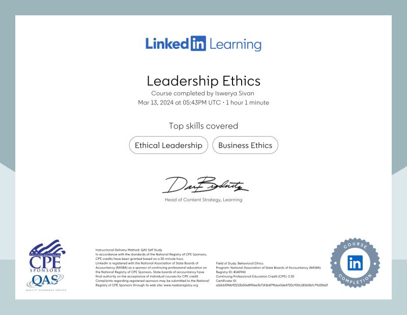 Iswerya Sivan on LinkedIn: Certificate of Completion Iswerya Sivan on LinkedIn: Certificate of Completion