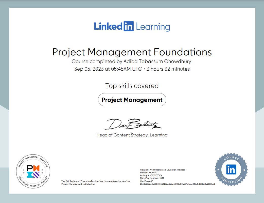 Adiba Tabassum Chowdhury on LinkedIn: Just finished the course “Project ... Adiba Tabassum Chowdhury on LinkedIn: Just finished the course “Project ...