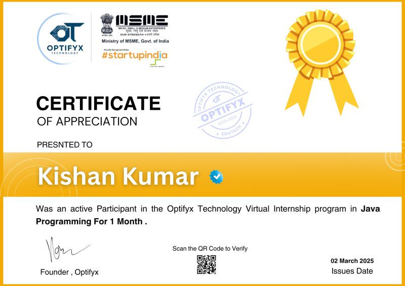 Received Java Programming Certificate from Optifyx Technology | Kishan ... Received Java Programming Certificate from Optifyx Technology | Kishan ...