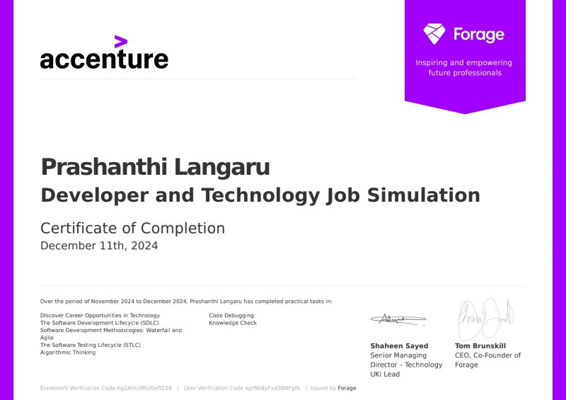 I just completed Accenture UK's Developer and Technology on Forage ... I just completed Accenture UK's Developer and Technology on Forage ...
