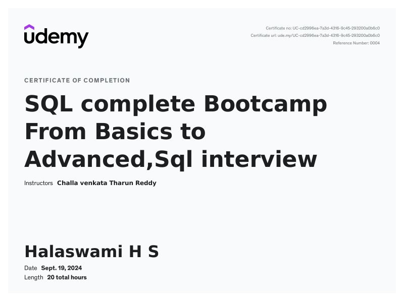 Halaswamy H S on LinkedIn: Leveling up my SQL skills! π Just completed ... Halaswamy H S on LinkedIn: Leveling up my SQL skills! π Just completed ...