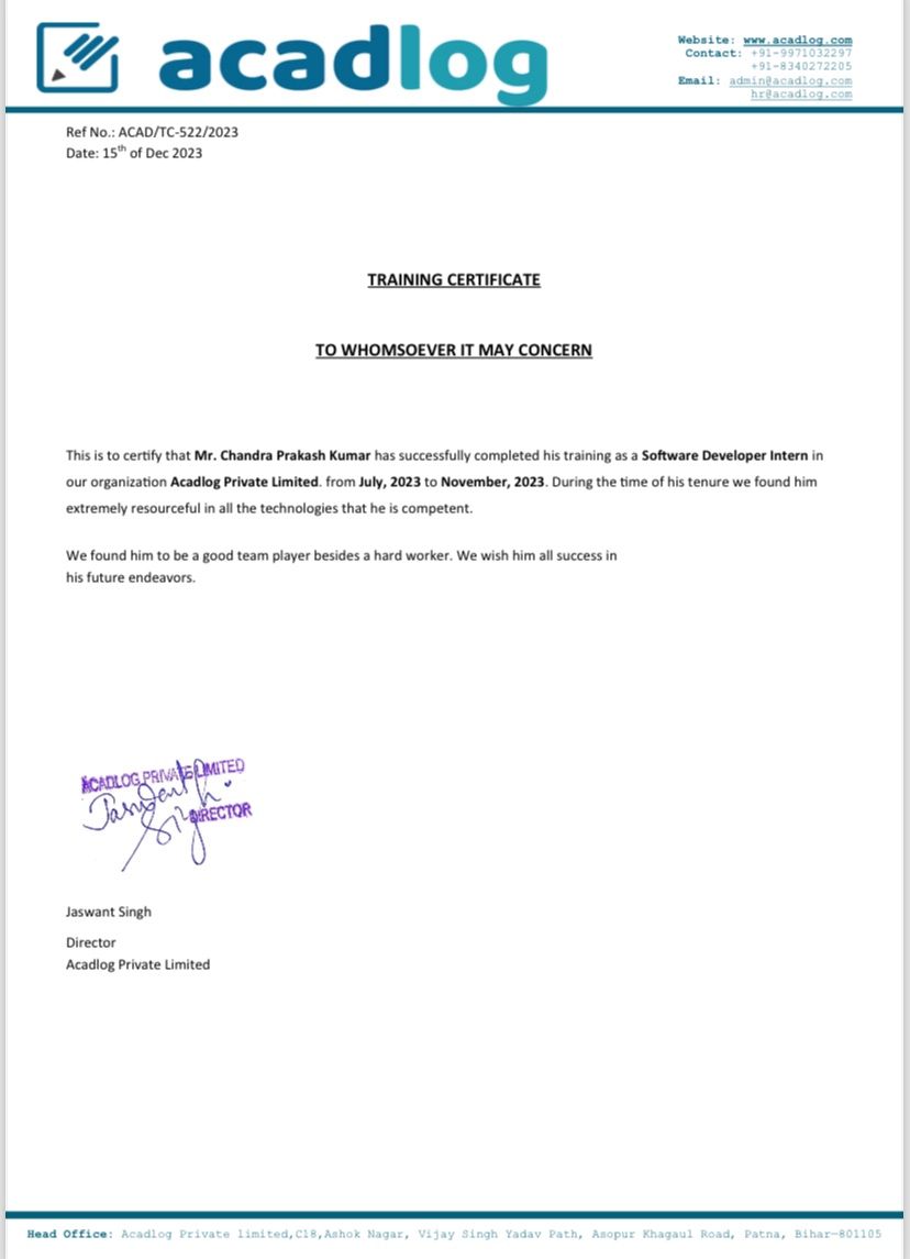 Chandra Prakash Kumar on LinkedIn: #training #internshipcompletion # ... Chandra Prakash Kumar on LinkedIn: #training #internshipcompletion # ...