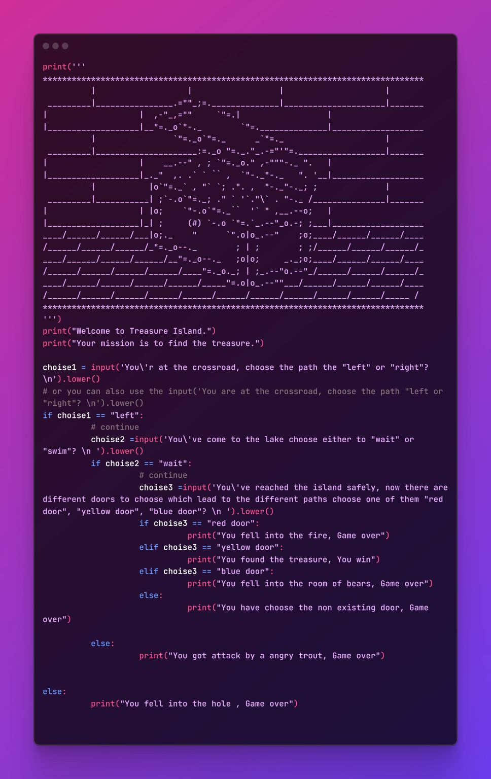 Coded a Treasure Island game using Python | kushagra sharma posted on ... Coded a Treasure Island game using Python | kushagra sharma posted on ...