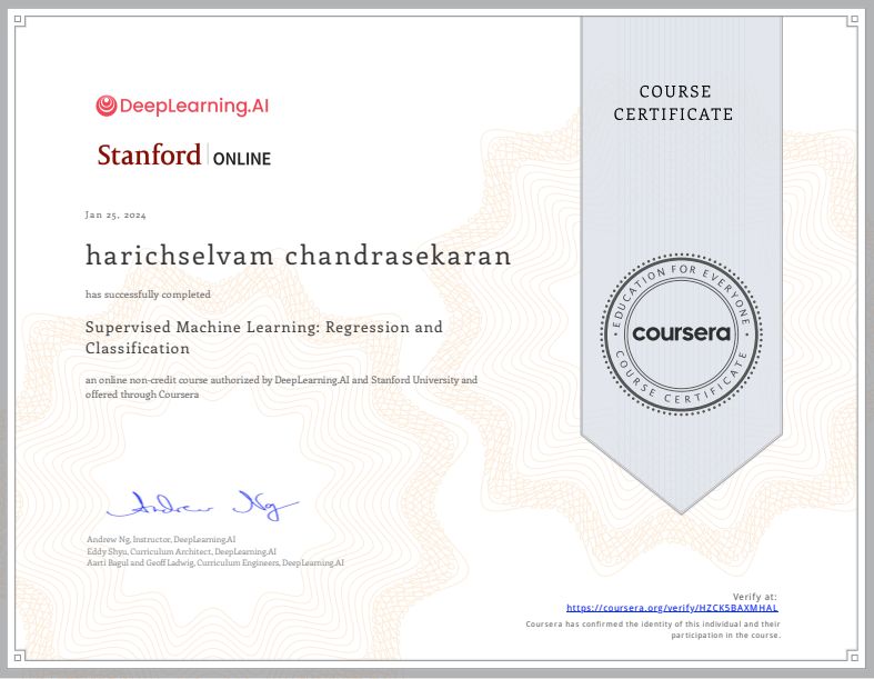 Finished Supervised Machine Learning course! | Harichselvam ... Finished Supervised Machine Learning course! | Harichselvam ...