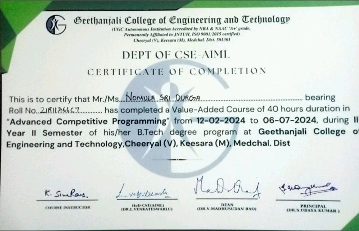 Completed competitive programming course at Geetanjali | NOMULA ... Completed competitive programming course at Geetanjali | NOMULA ...